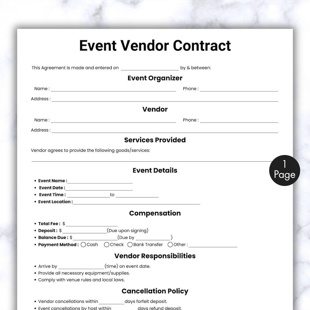 Simple Event Vendor Contract, One Page Event Vendor Agreement Form ...