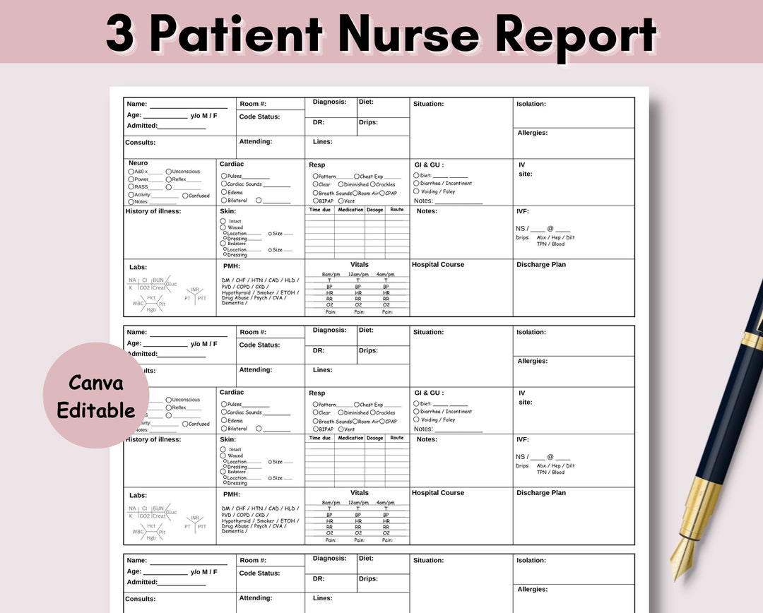 3 Patient Nursing Report Sheet - Etsy