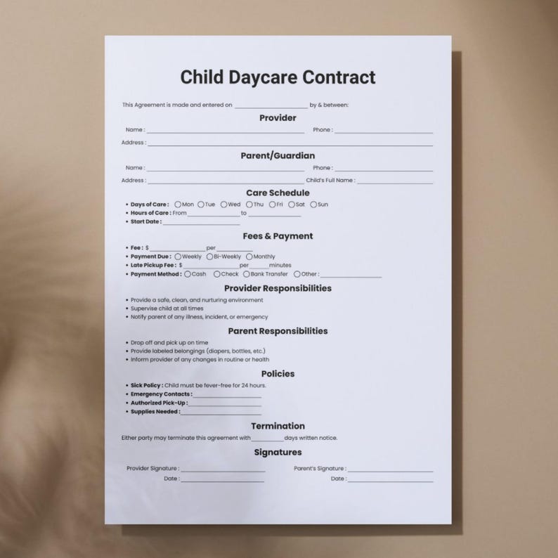Simple Child Daycare Contract, One Page Daycare Paperwork Form Template ...