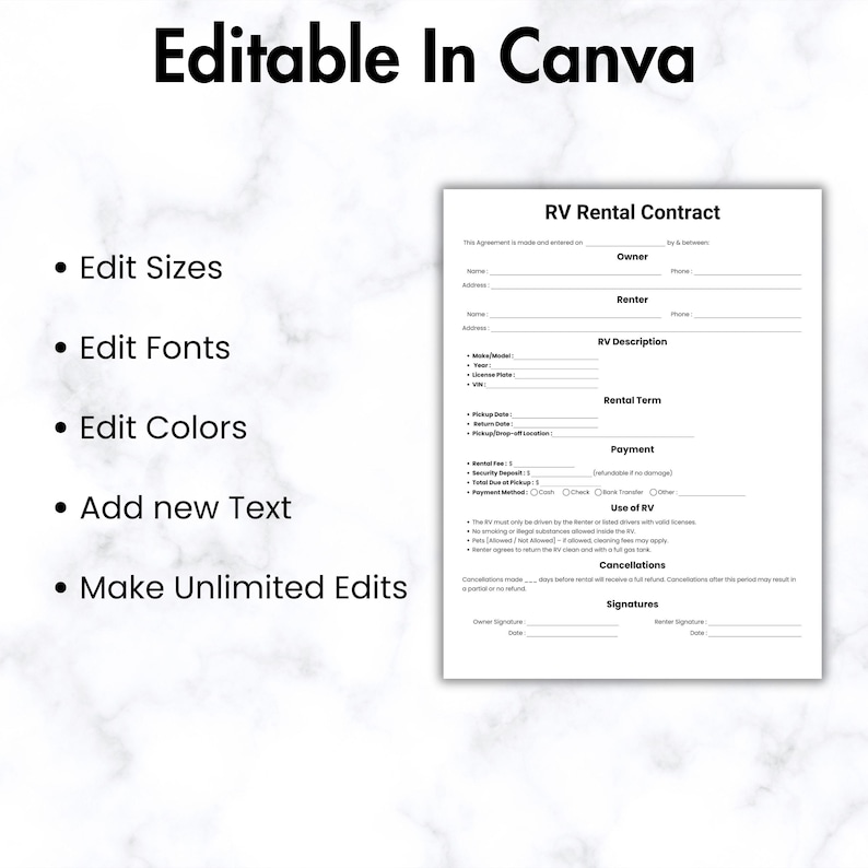 Simple RV Rental Agreement, One Page Motorhome Contract, Printable ...
