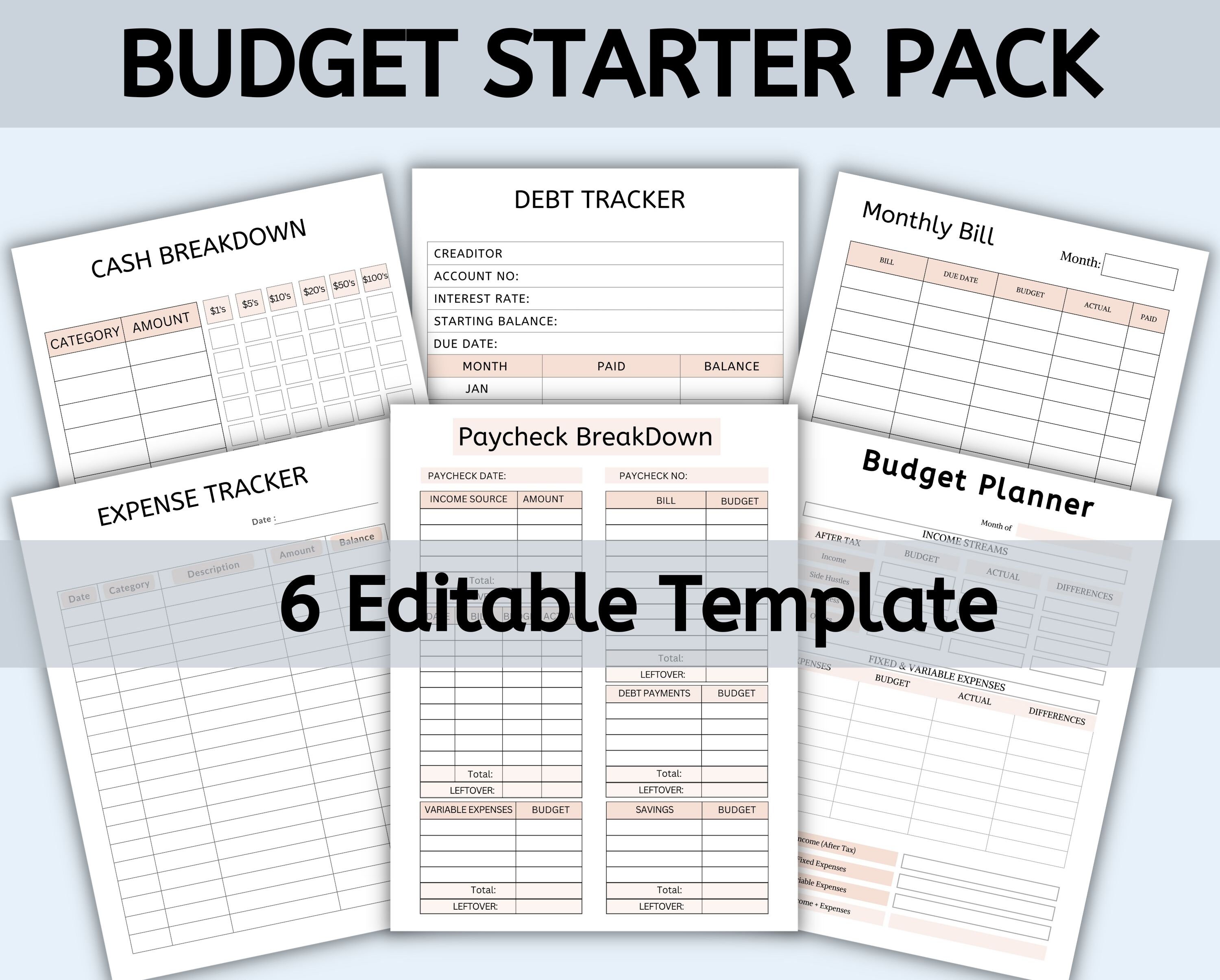 BUDGET STARTER PACK 6 Editable Templates Paycheck Breakdown, Expense ...