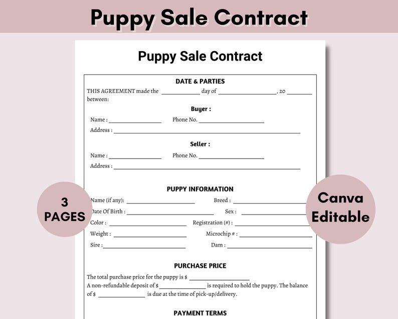Printable Puppy Sales Contract, Puppy Deposit Contract, Puppy Sale ...