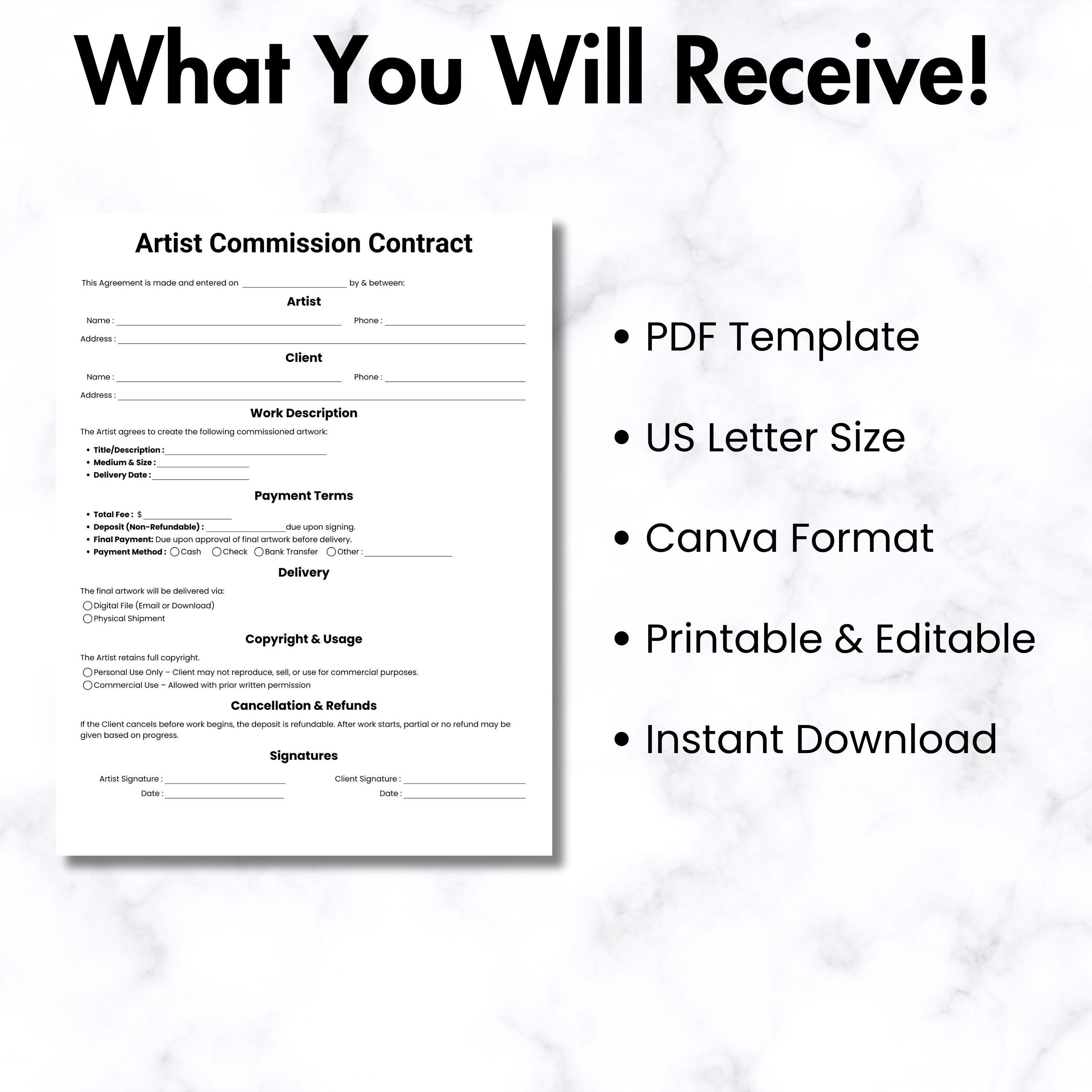 Simple Artist Commission Contract, One Artwork Contract Form, Printable ...