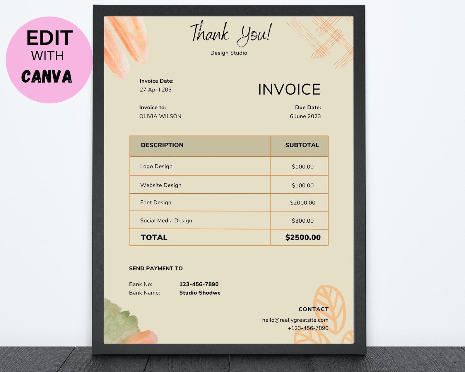RECEIPT EDITABLE TEMPLATE printable Invoice Pink Invoice - Etsy