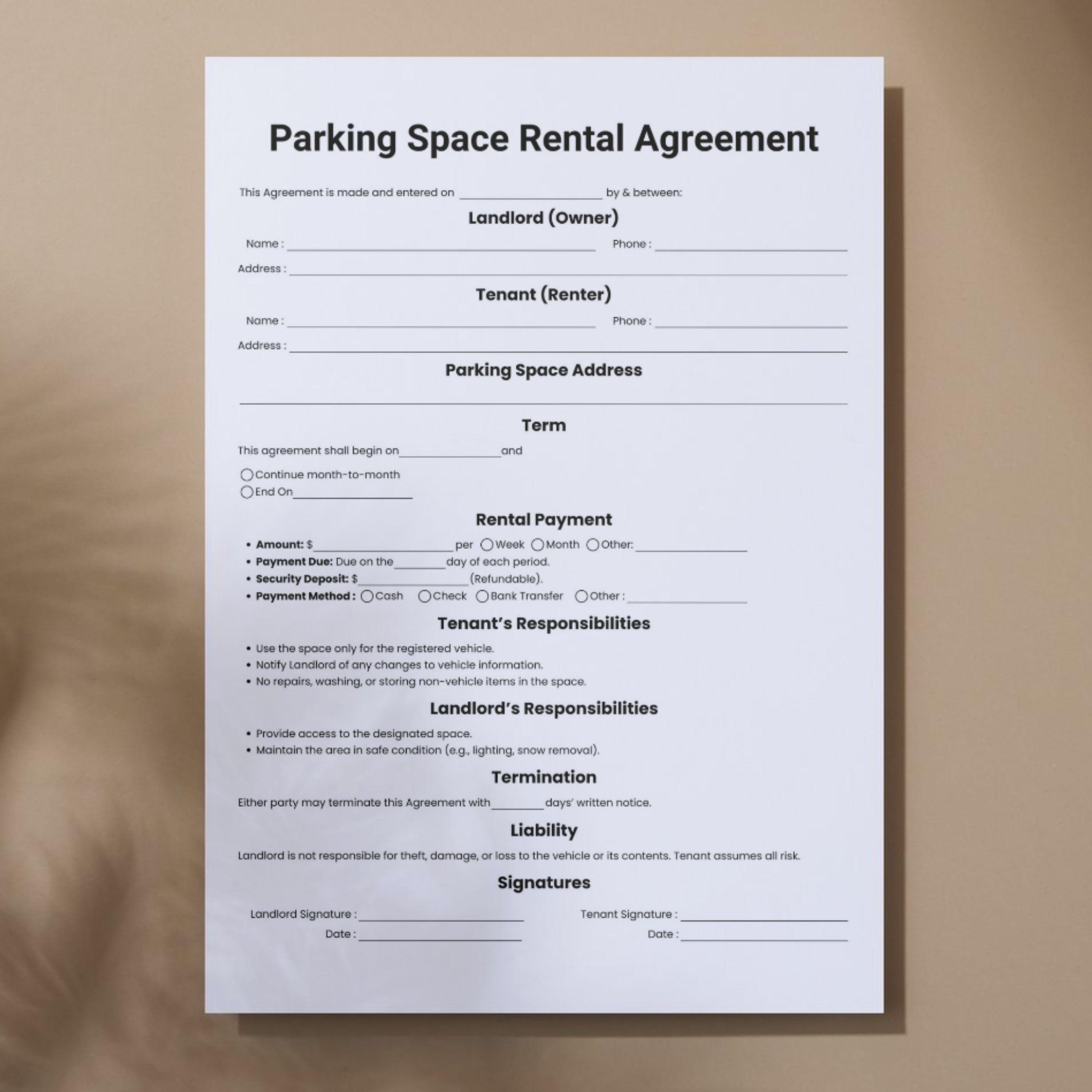 Simple Parking Space Rental Agreement, One Page Lease Contract Form ...
