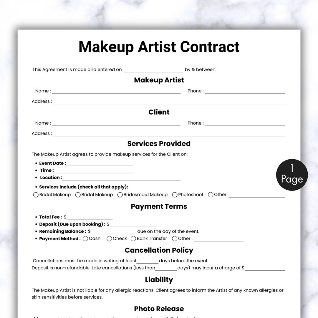 Simple Makeup Artist Contract, One Page Makeup Agreement Form Template ...