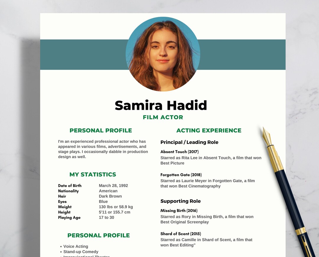 Actor & Actress Resume Template With Photo for Canva, Acting Resume ...