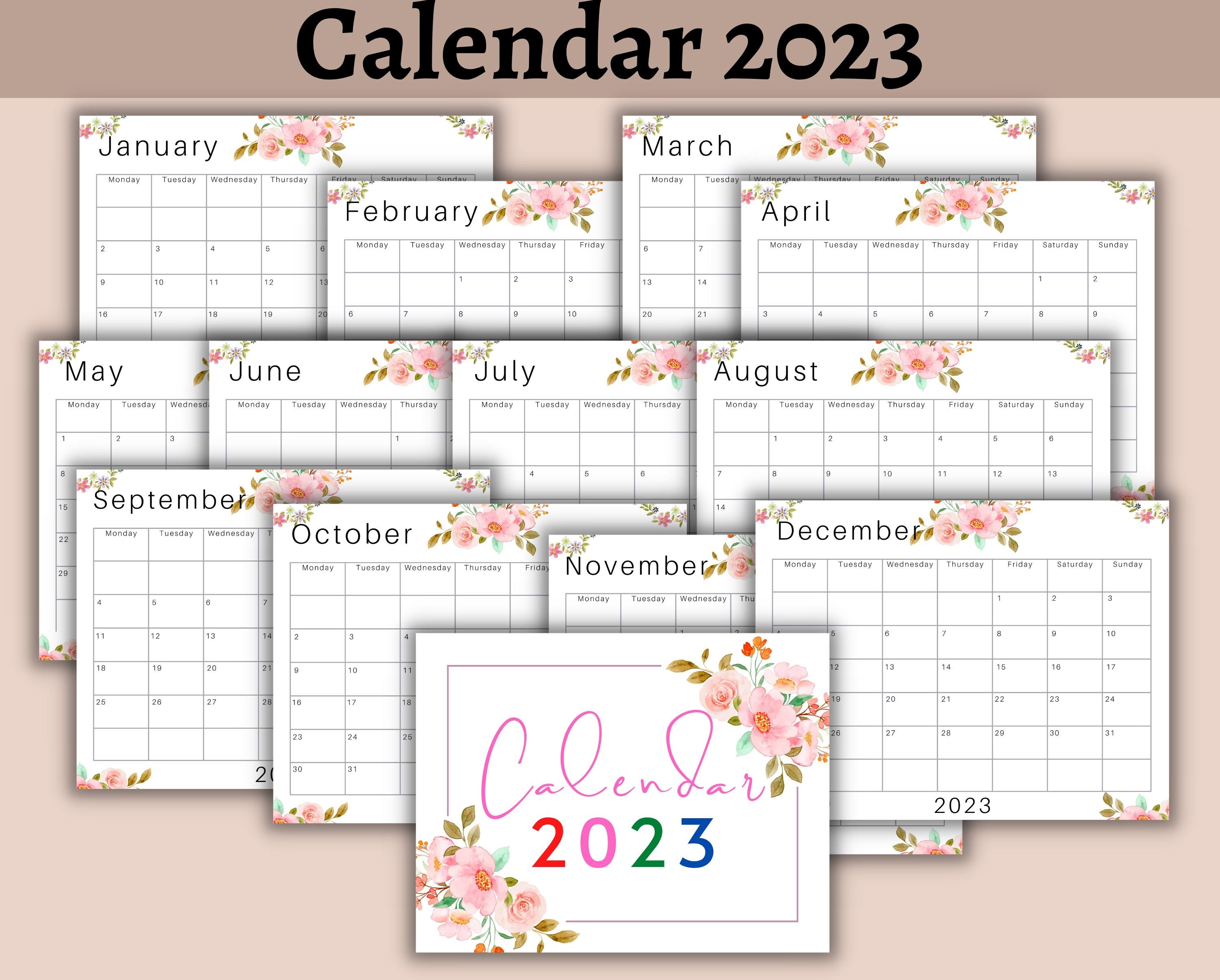 Printable Calendar 2023 Digital Calendar 12 Month Calendar - Etsy