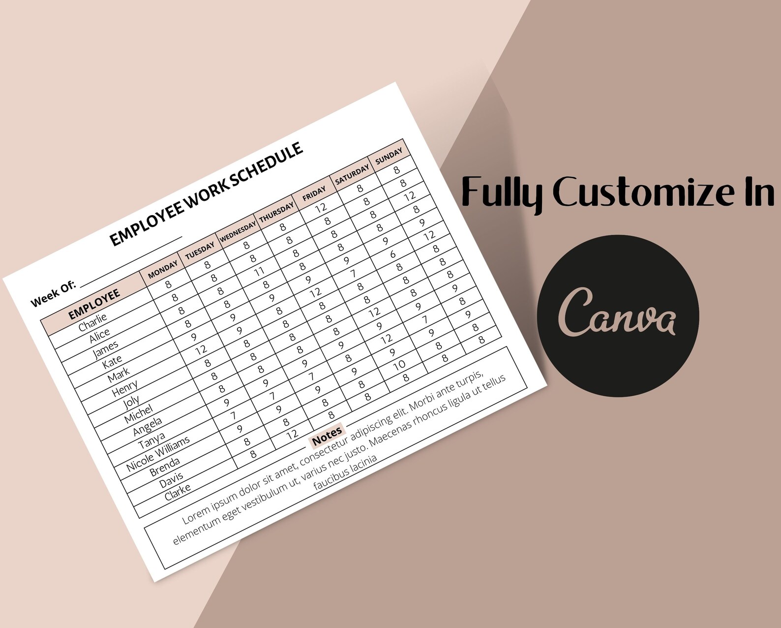 Employee Work Schedule Editable Employee Time Sheet Employee - Etsy