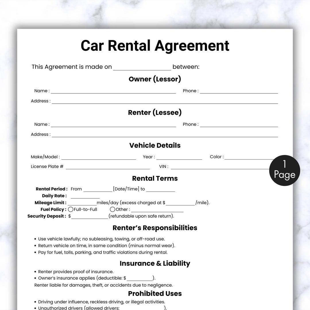 Simple Car Rental Agreement Template, One Page Car Rental Contract ...