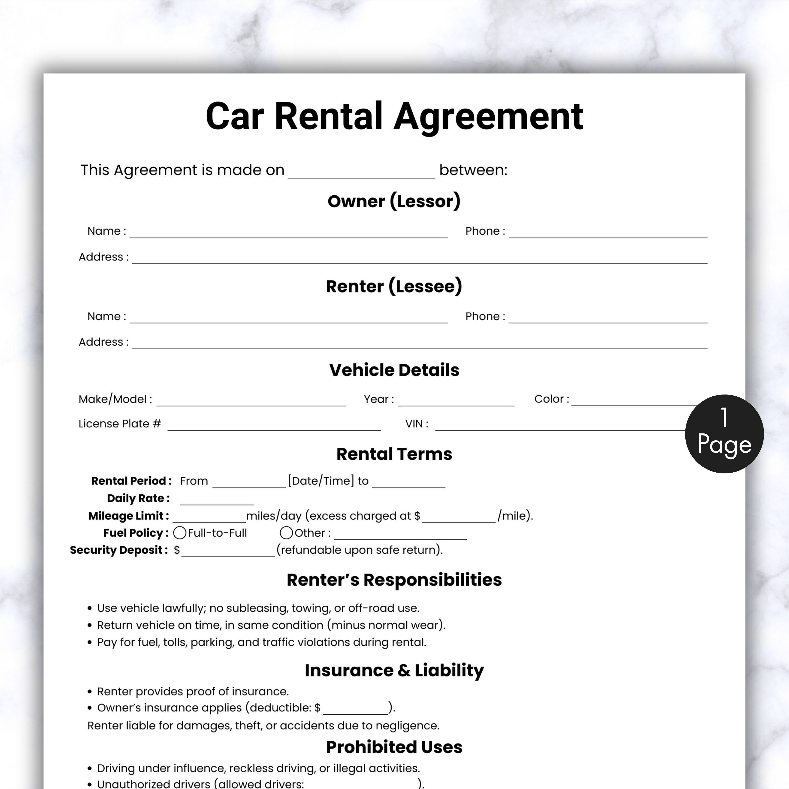 Simple Car Rental Agreement Template, One Page Car Rental Contract ...