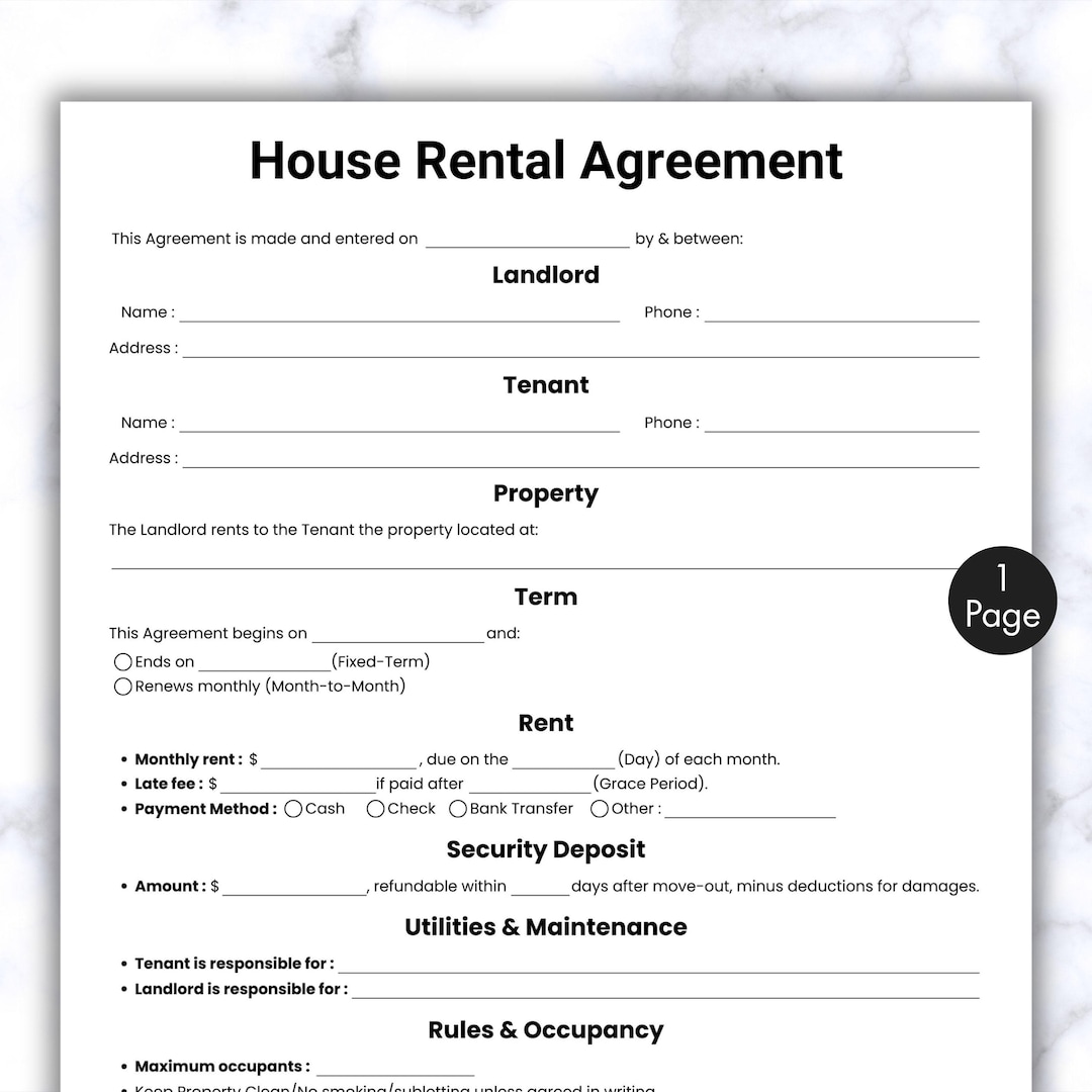 Simple House Rental Agreement Template, One Page Lease Agreement ...