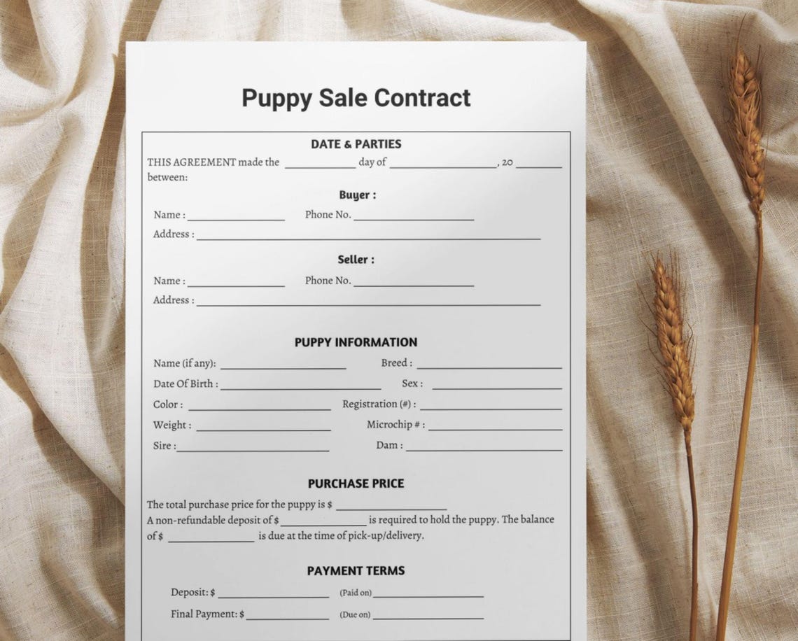 Printable Puppy Sales Contract, Puppy Deposit Contract, Puppy Sale Contract Editable in Canva ...