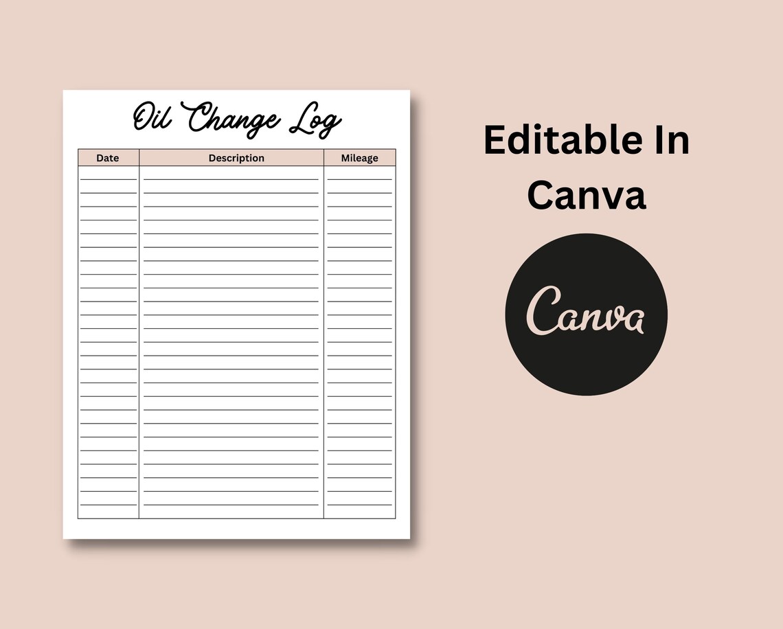 Oil Change Log, Printable Oil Change Tracker, Oil Filter Sheet, Oil ...