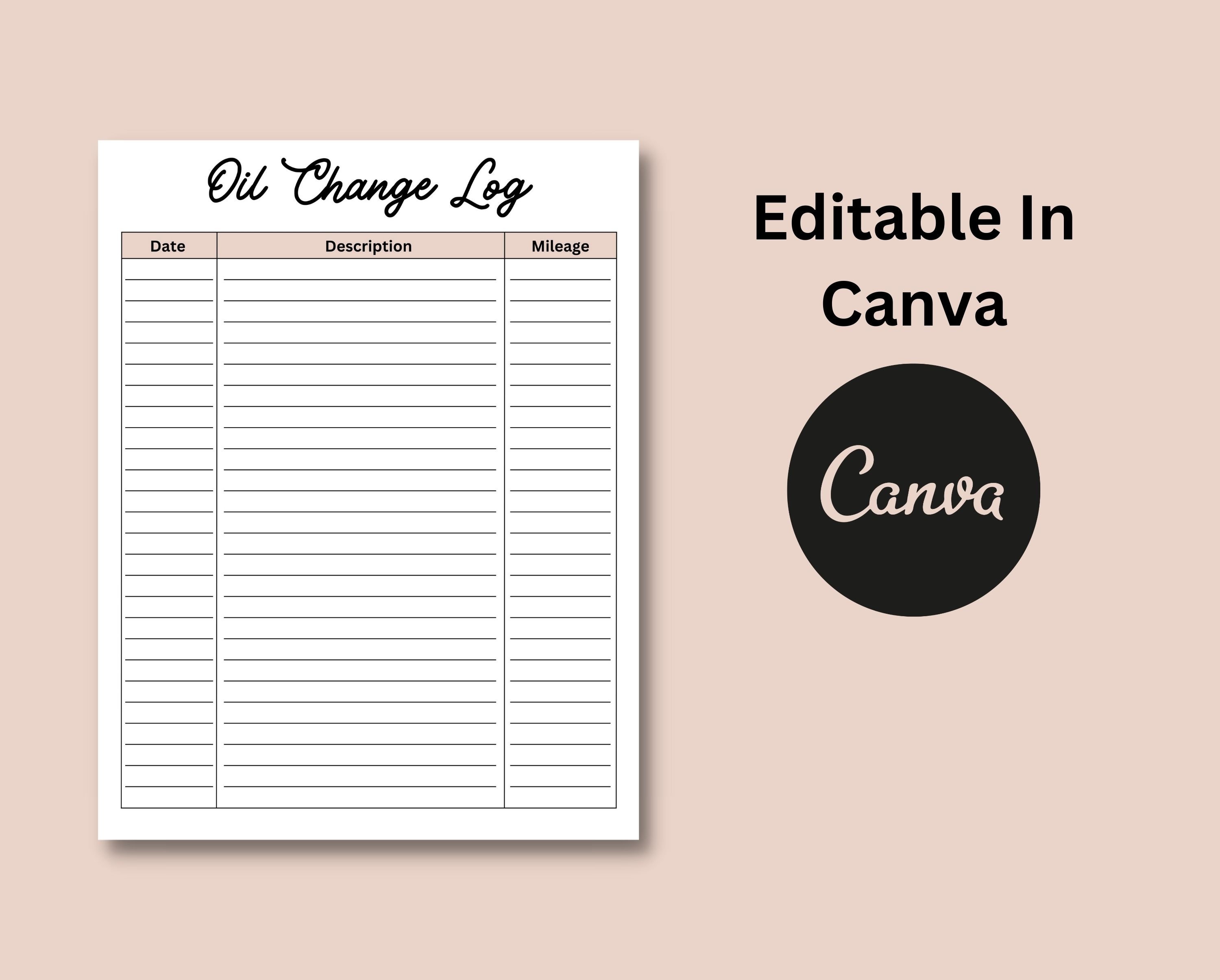 Oil Change Log Printable Oil Change Tracker Oil Filter - Etsy