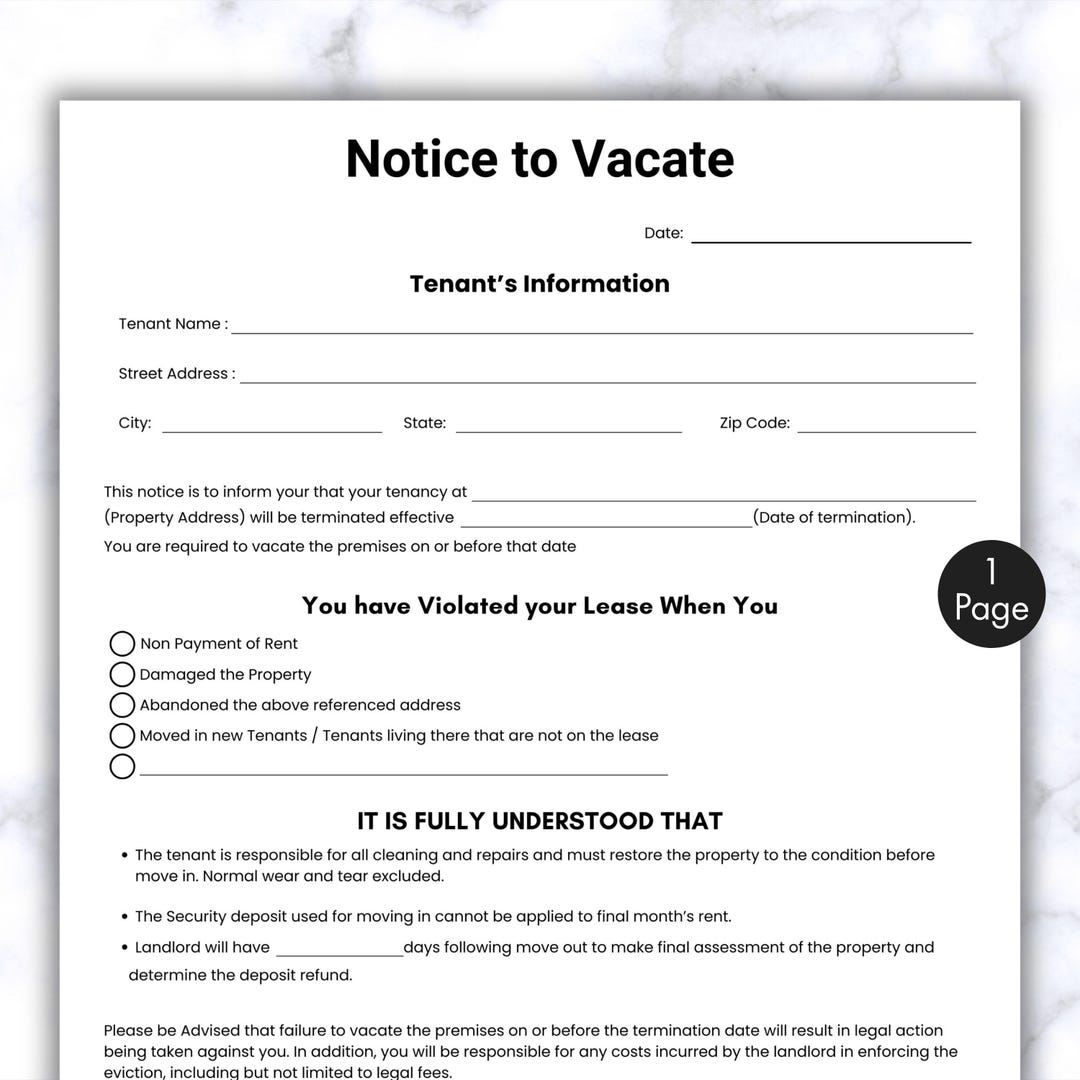 Simple Notice to Vacate Template, One Page Eviction Notice, Printable ...
