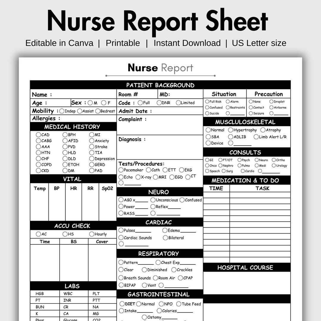 Nurse Report Sheet | Printable ICU Brain Template | Single-page ...