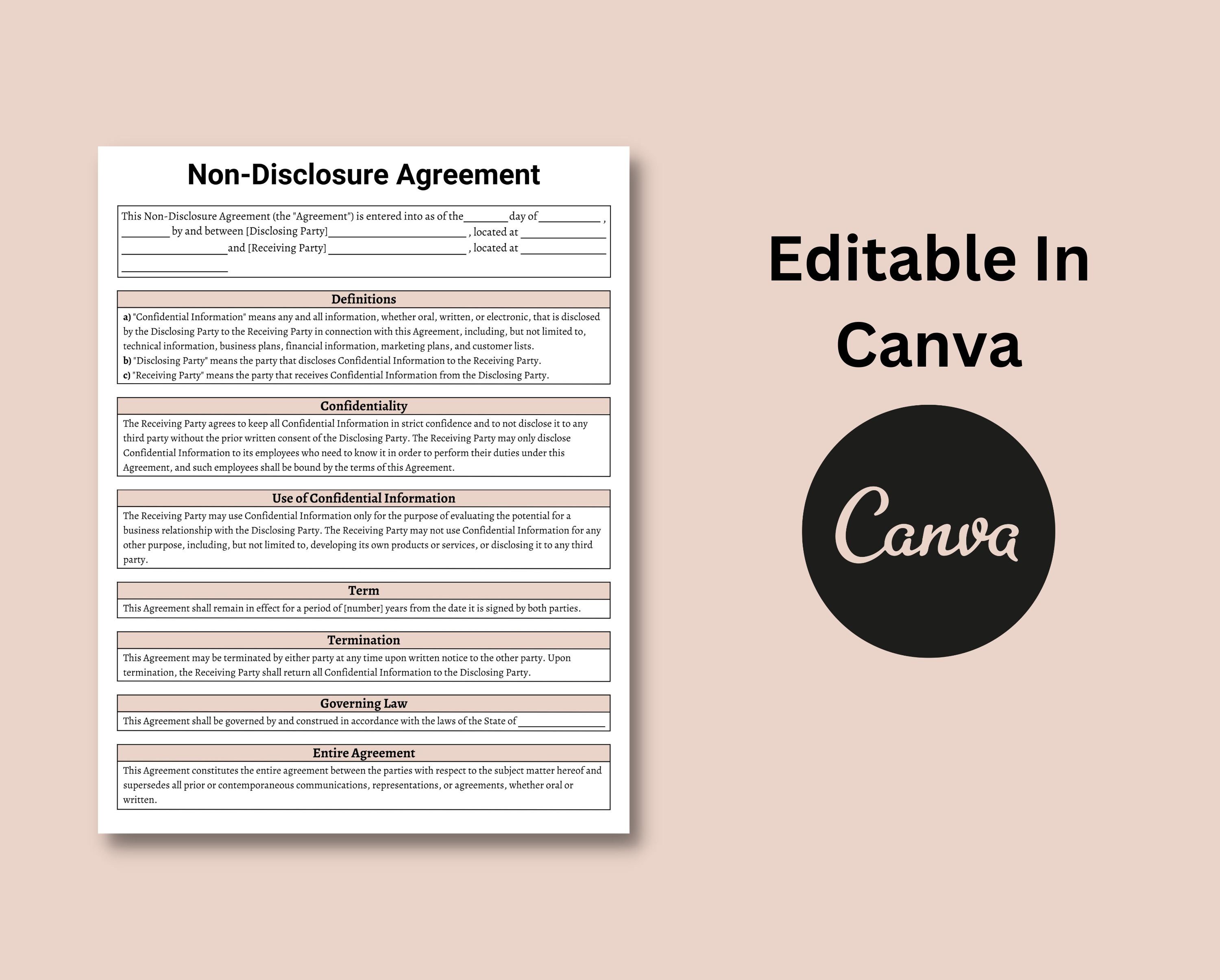 Non-disclosure Agreement Template Contractor NDA NDA - Etsy
