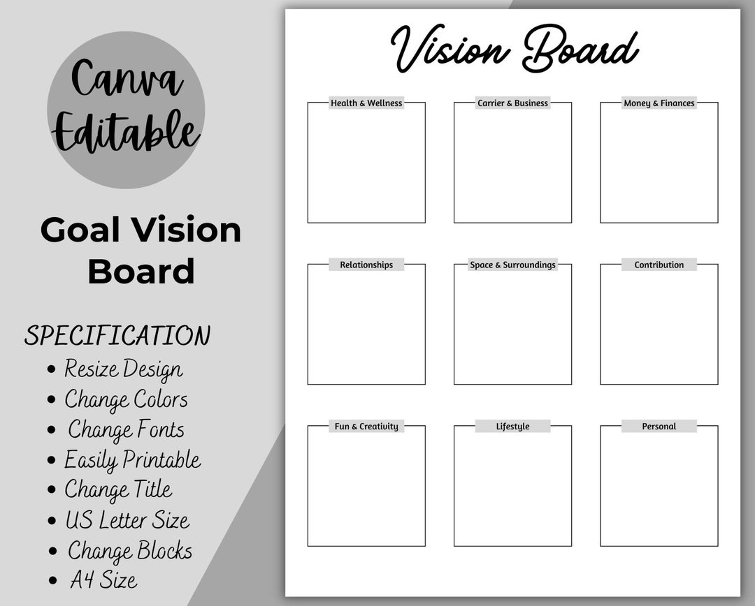 Goal Vision Board, Printable Vision Board Poster, Template, Dream Board ...