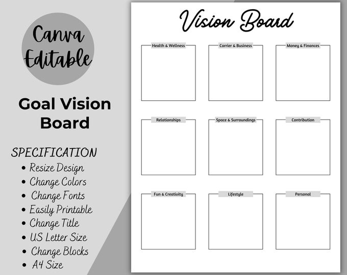 Goal Vision Board, Printable Vision Board Poster, Template, Dream Board ...