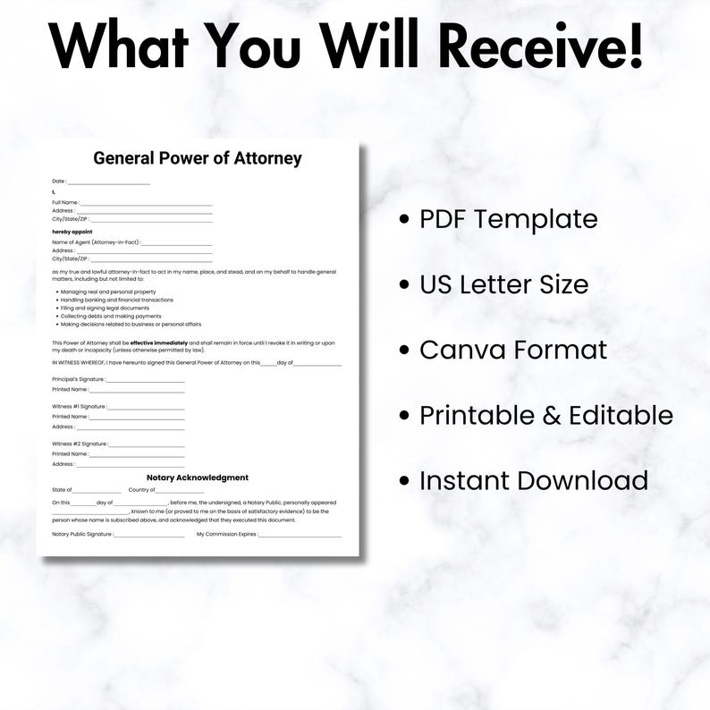Simple General Power of Attorney, One Page POA Template, Printable ...