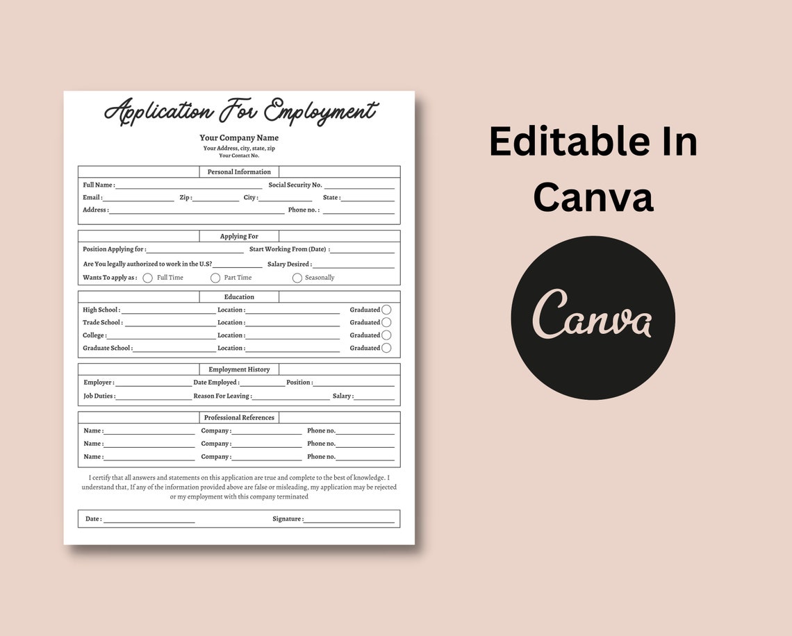 Application for Employment Hiring Form Job Application - Etsy