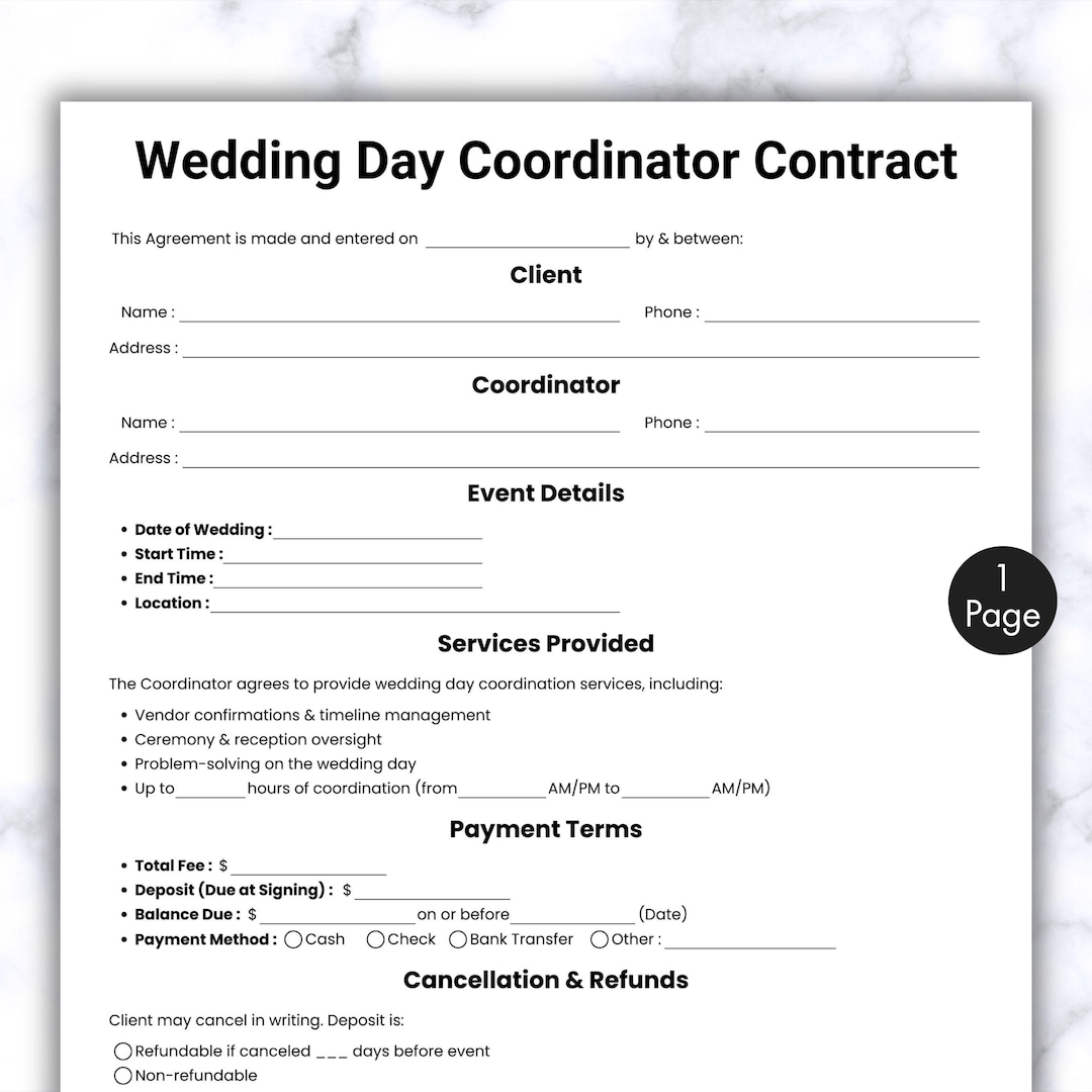 Simple Wedding Day Event Coordinator Contract, One Page Wedding ...