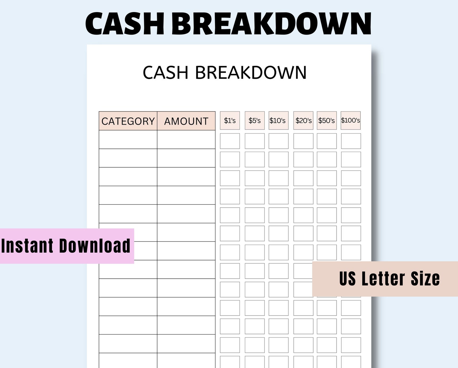 Printable Cash Breakdown Sheet PDF Money Breakdown Form by - Etsy