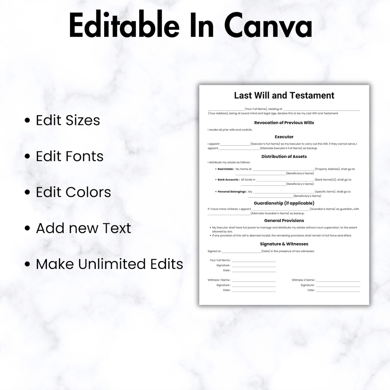 Simple Last Will and Testament, One Page Testament Form, Printable ...