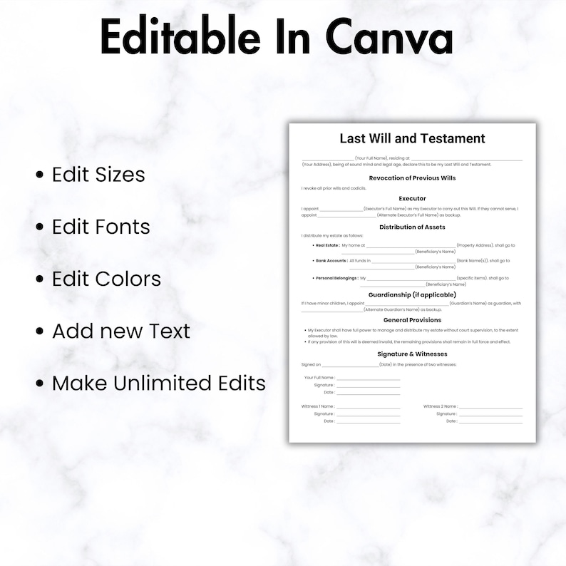 Simple Last Will and Testament, One Page Testament Form, Printable ...