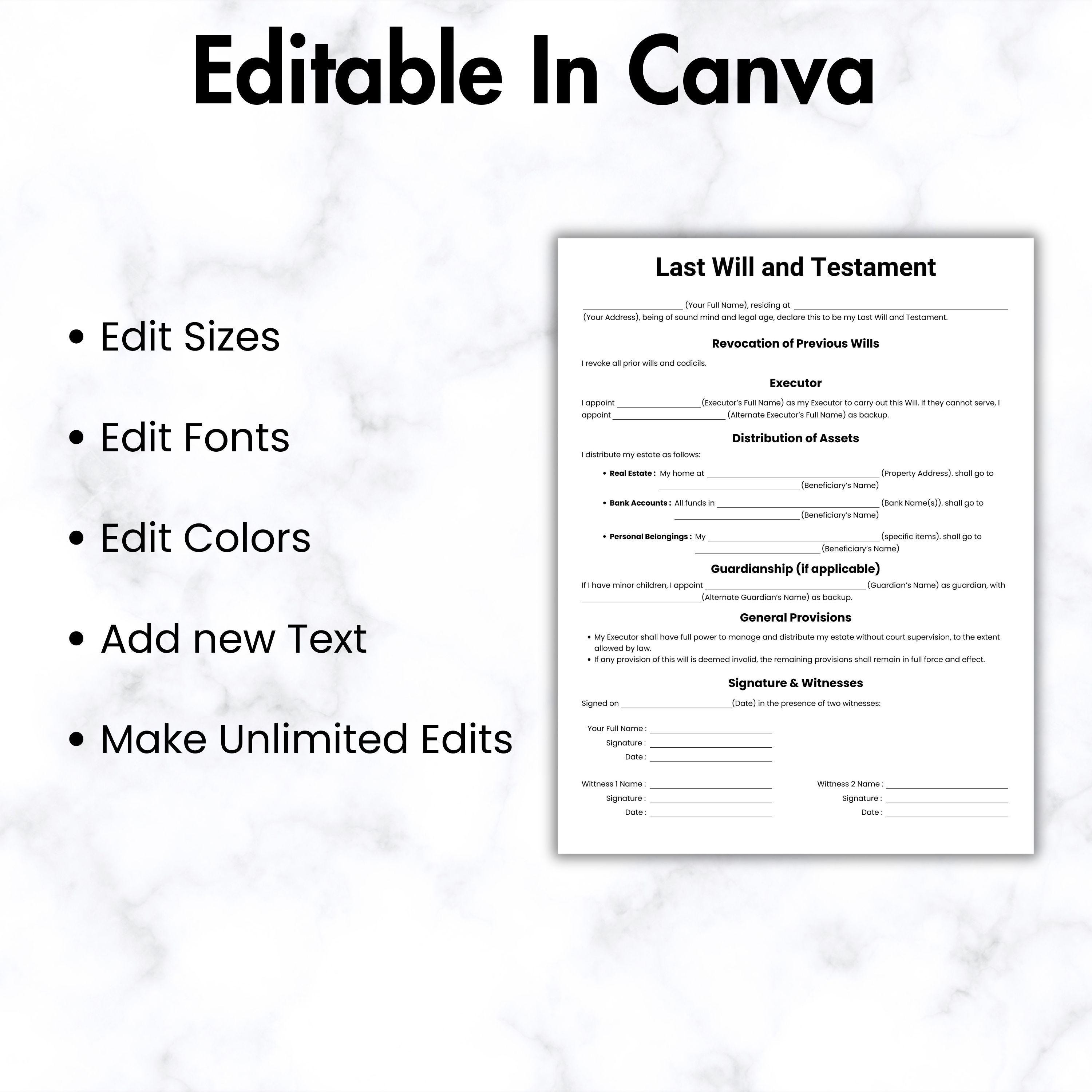 Simple Last Will and Testament, One Page Testament Form, Printable ...