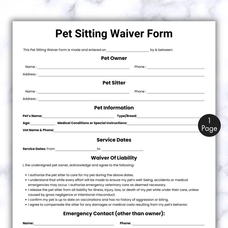 Simple Pet Sitting Waiver Form, One Page Pet Sitting Release, Printable ...