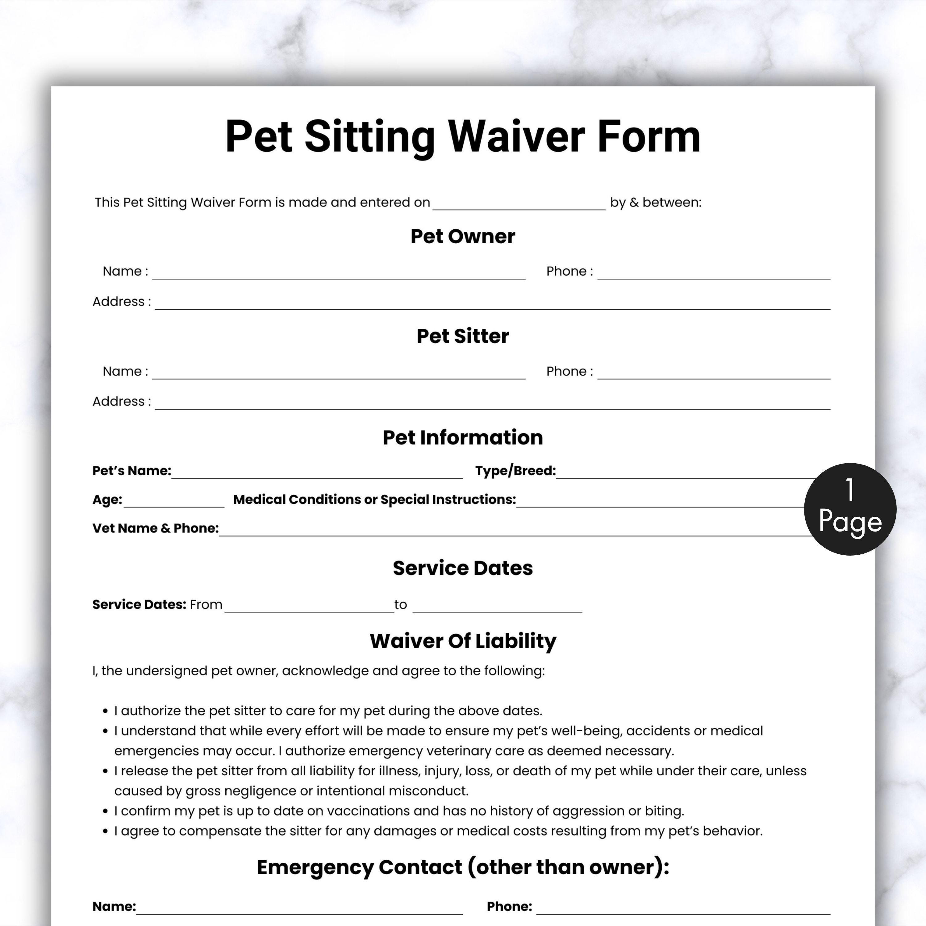 Simple Pet Sitting Waiver Form, One Page Pet Sitting Release, Printable ...