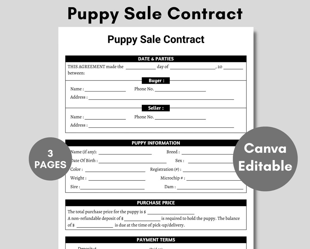 Editable Puppy Sales Contract, Puppy Deposit Contract, Printable Puppy ...