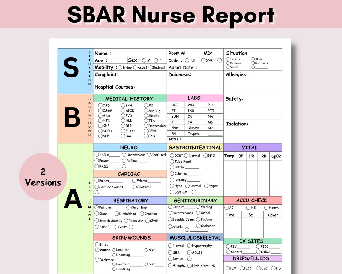 SBAR Nurse Report Sheet Med Surg Nurse Brain ICU Report Sheet - Etsy