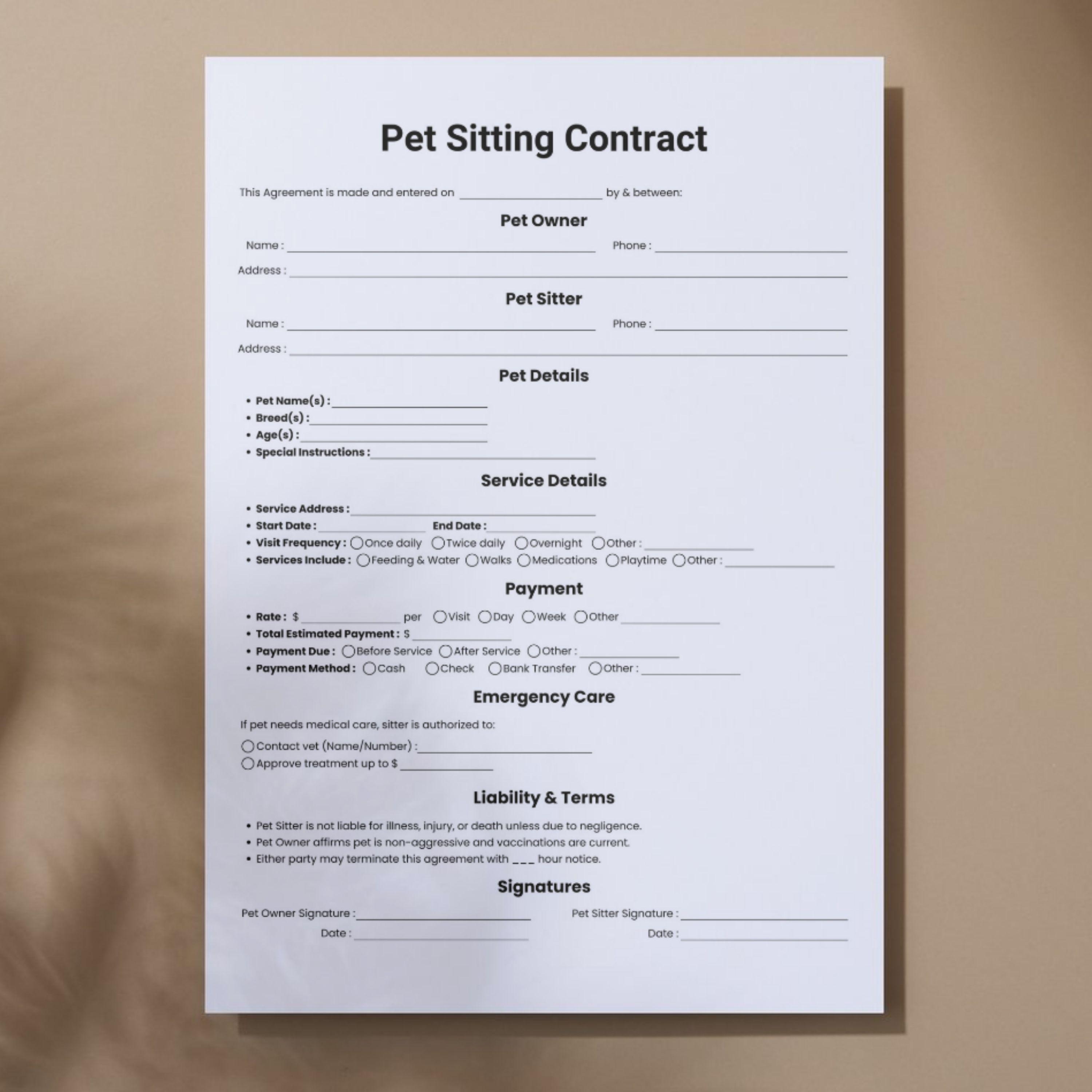 Simple Pet Sitting Contract, One Page Dog Sitting Form Template ...