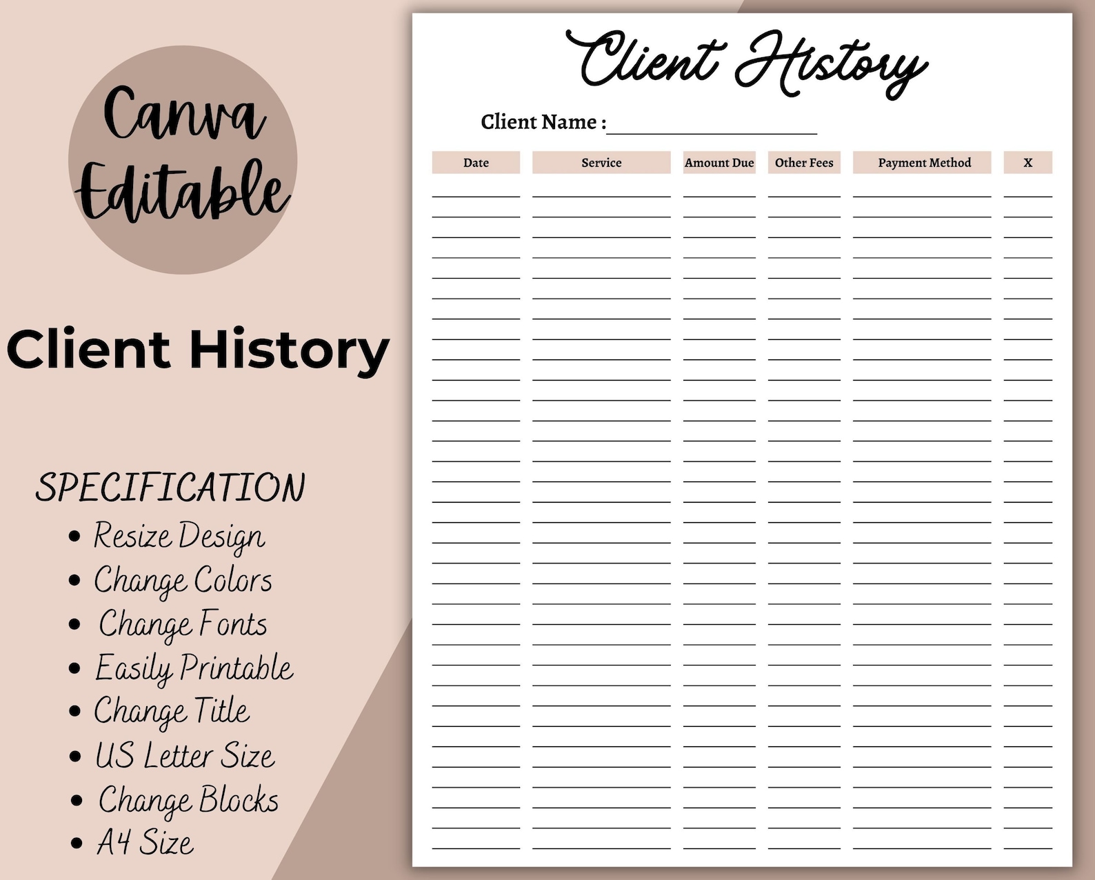 Client History, Printable Client Payment Log, Editable Business Finance ...