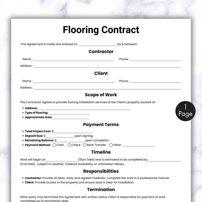 Simple Flooring Contract, One Page Flooring Installation Contract Form ...