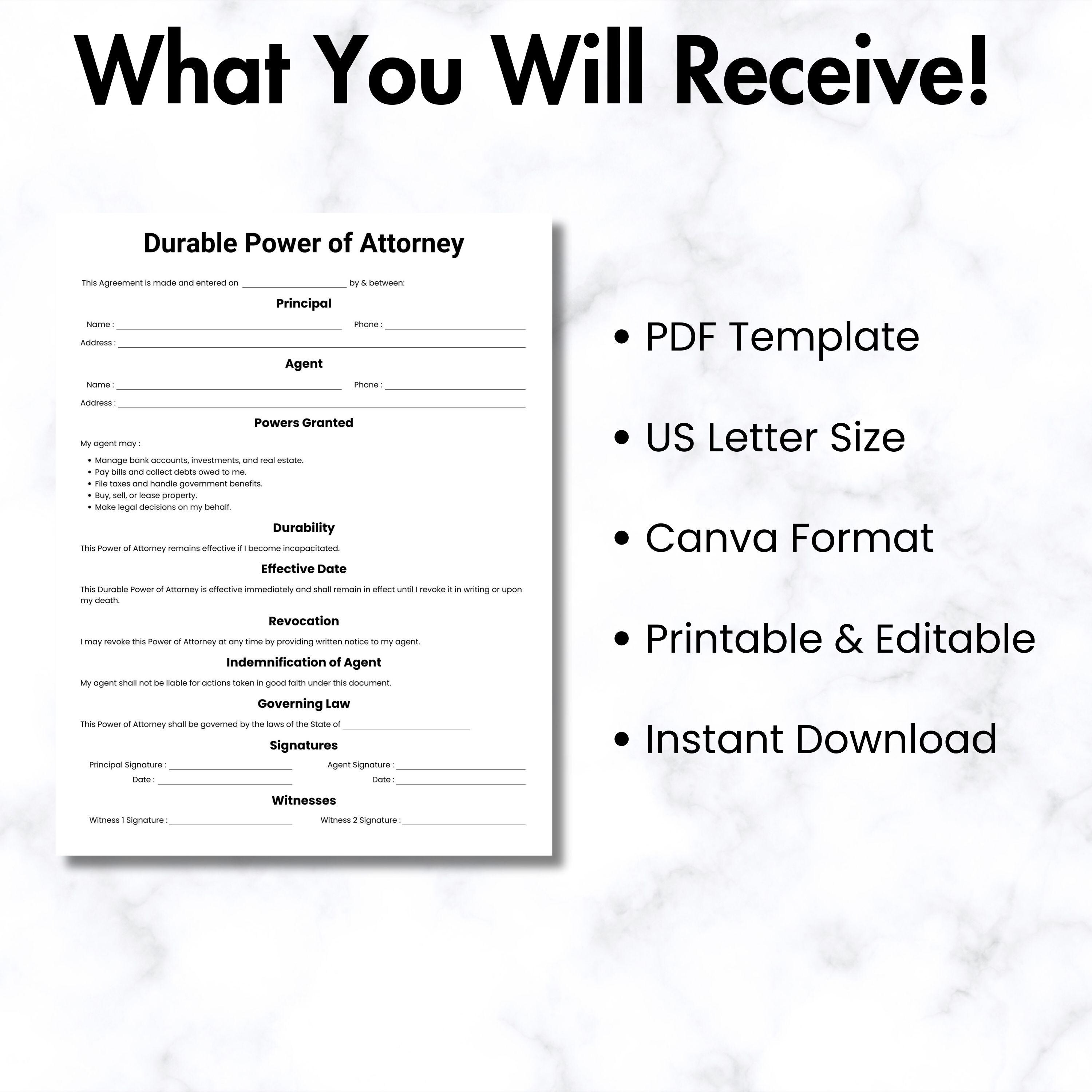 Simple Durable Power of Attorney Template, One Page Durable Financial ...