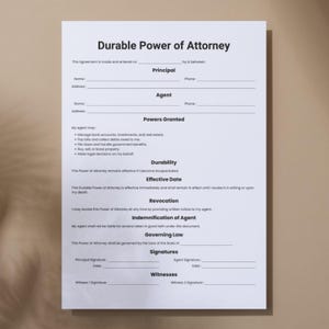 Simple Durable Power of Attorney Template, One Page Durable Financial ...