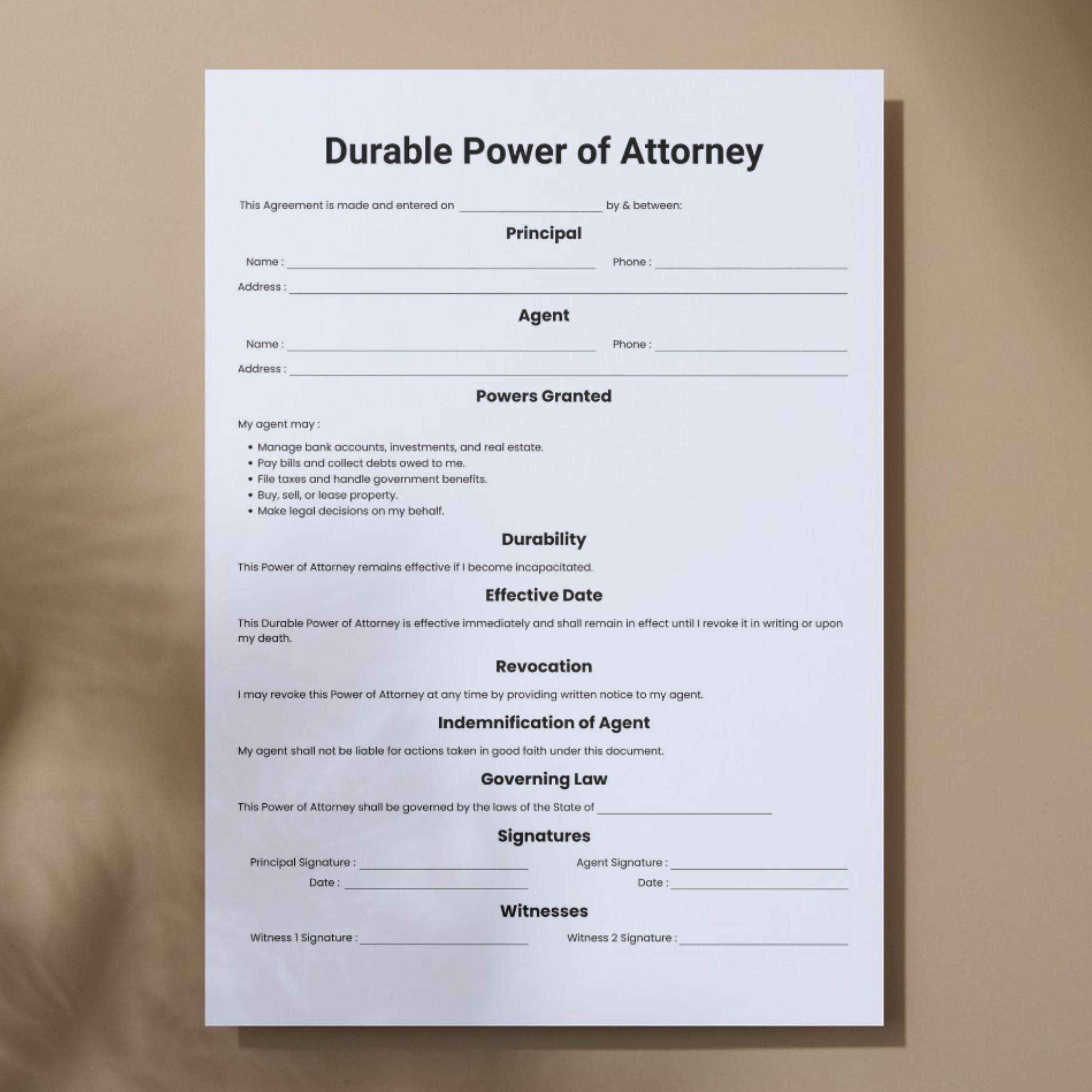Simple Durable Power of Attorney Template, One Page Durable Financial ...