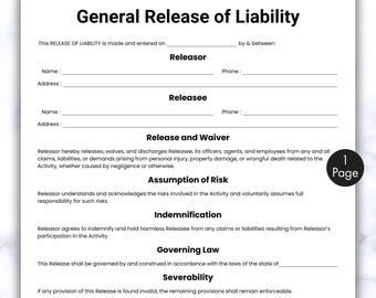 Editable General Release of Liability Template, Single Informed Consent ...