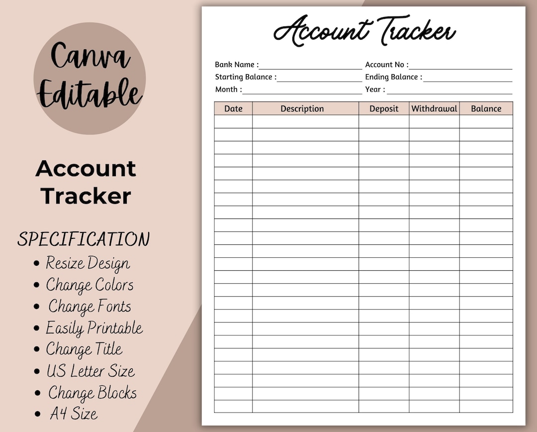 Account Tracker | Printable Account Log | Editale Bank Account Tracker ...