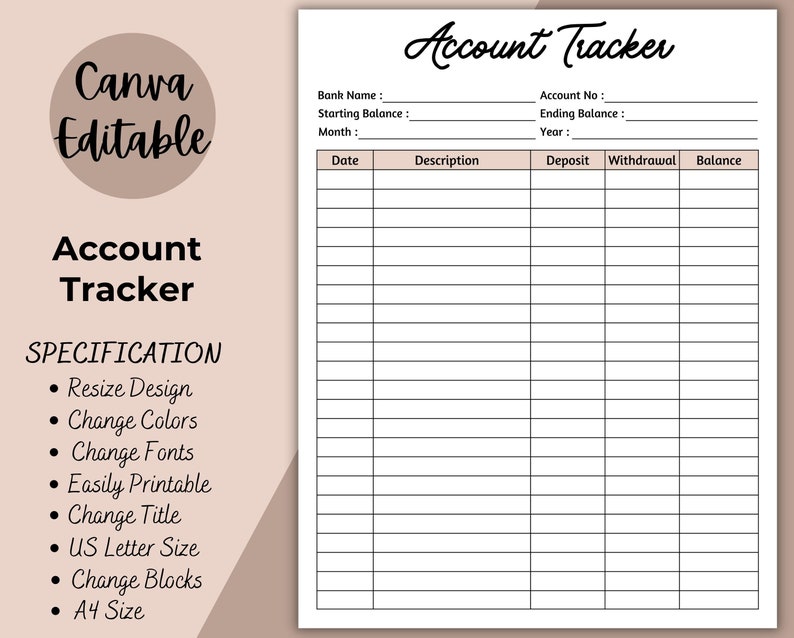 Account Tracker Printable Account Log Editale Bank Account - Etsy