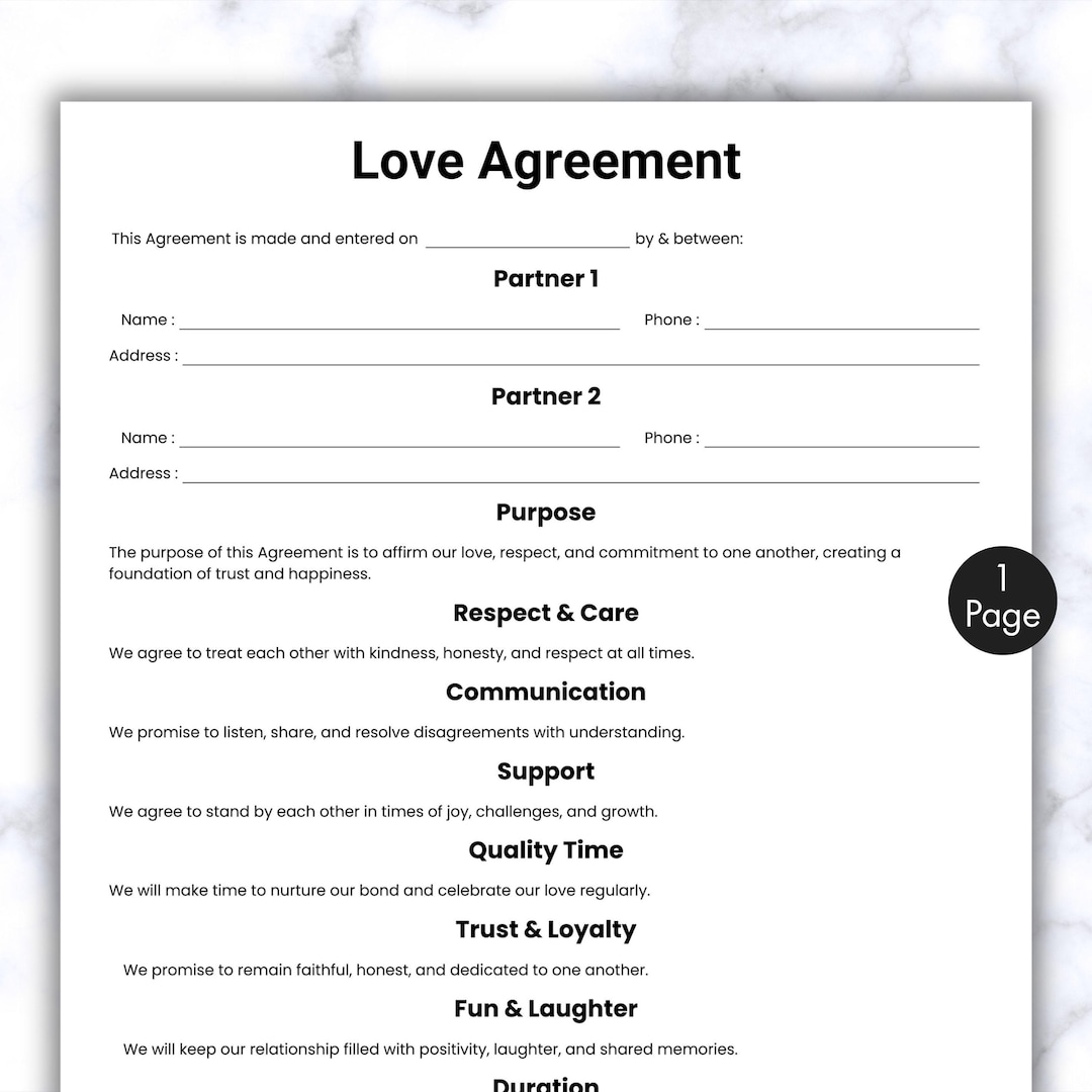 Simple Love Agreement, One Page Relationship Responsibilities Form ...