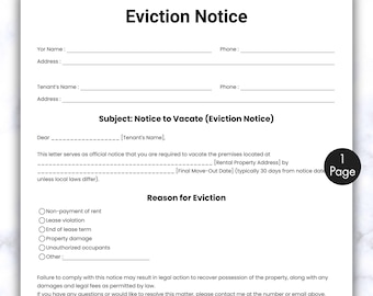 Editable Eviction Notice Template, Single Page Notice to Vacate Template, Printable Lease ...