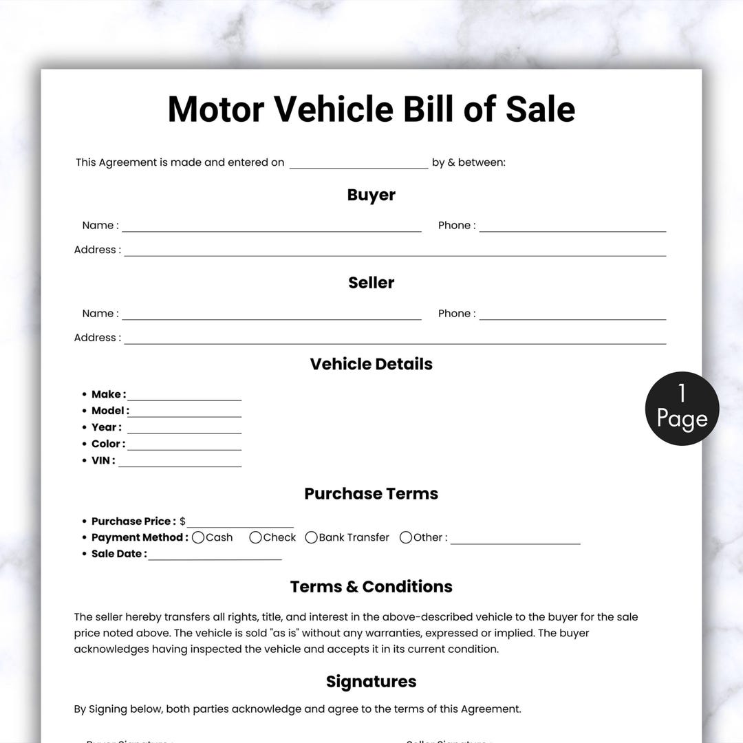 Simple Motor Vehicle Bill of Sale, One Page Car Sale Form, Printable ...