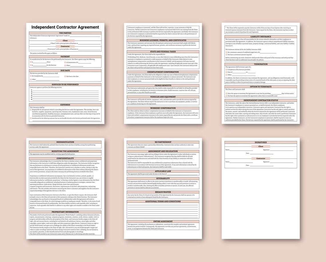 Independent Contractor Agreement, Editable Business Contract, Printable ...