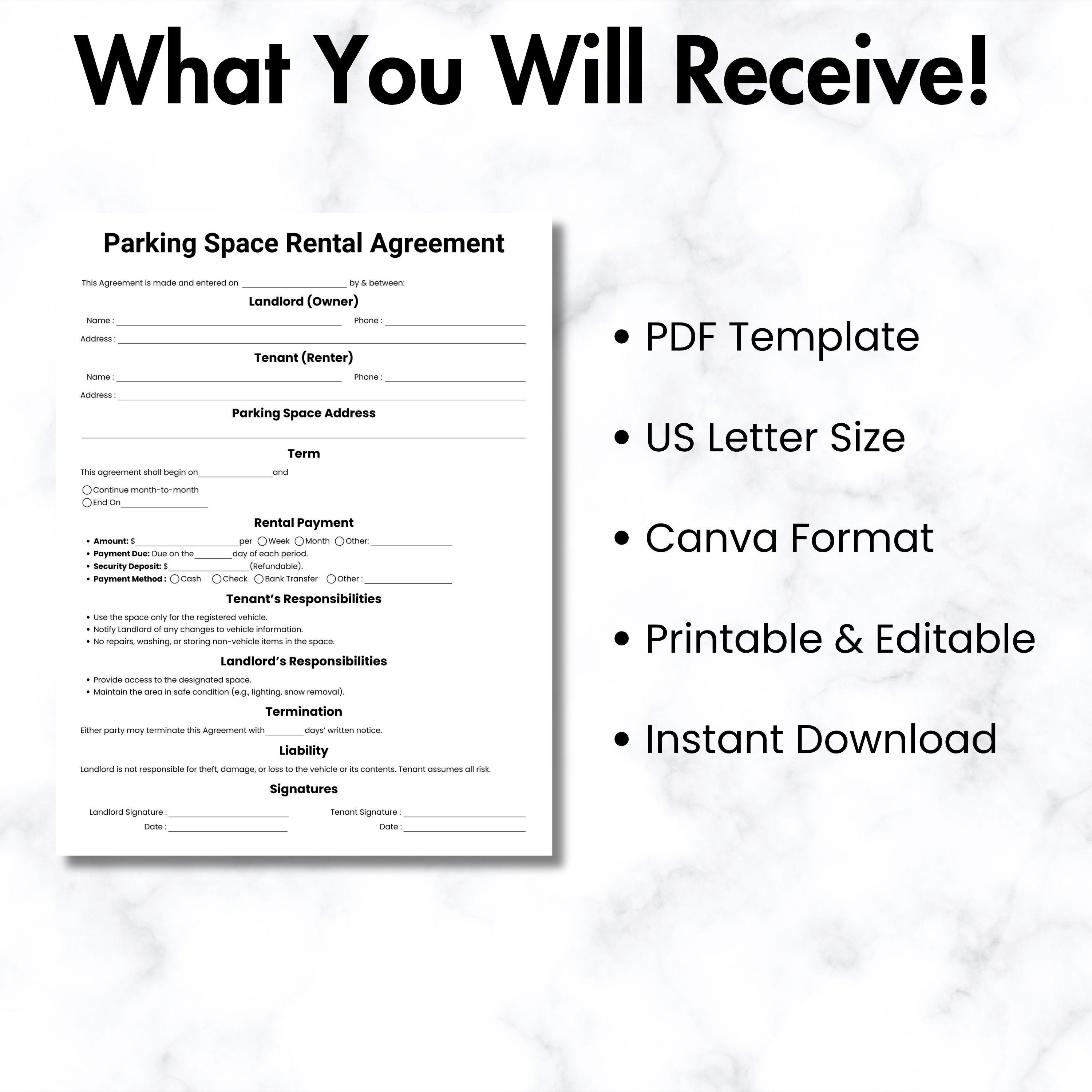 Simple Parking Space Rental Agreement, One Page Lease Contract Form ...