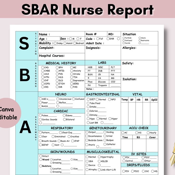 Sbar Nurse Report Sheet - Etsy